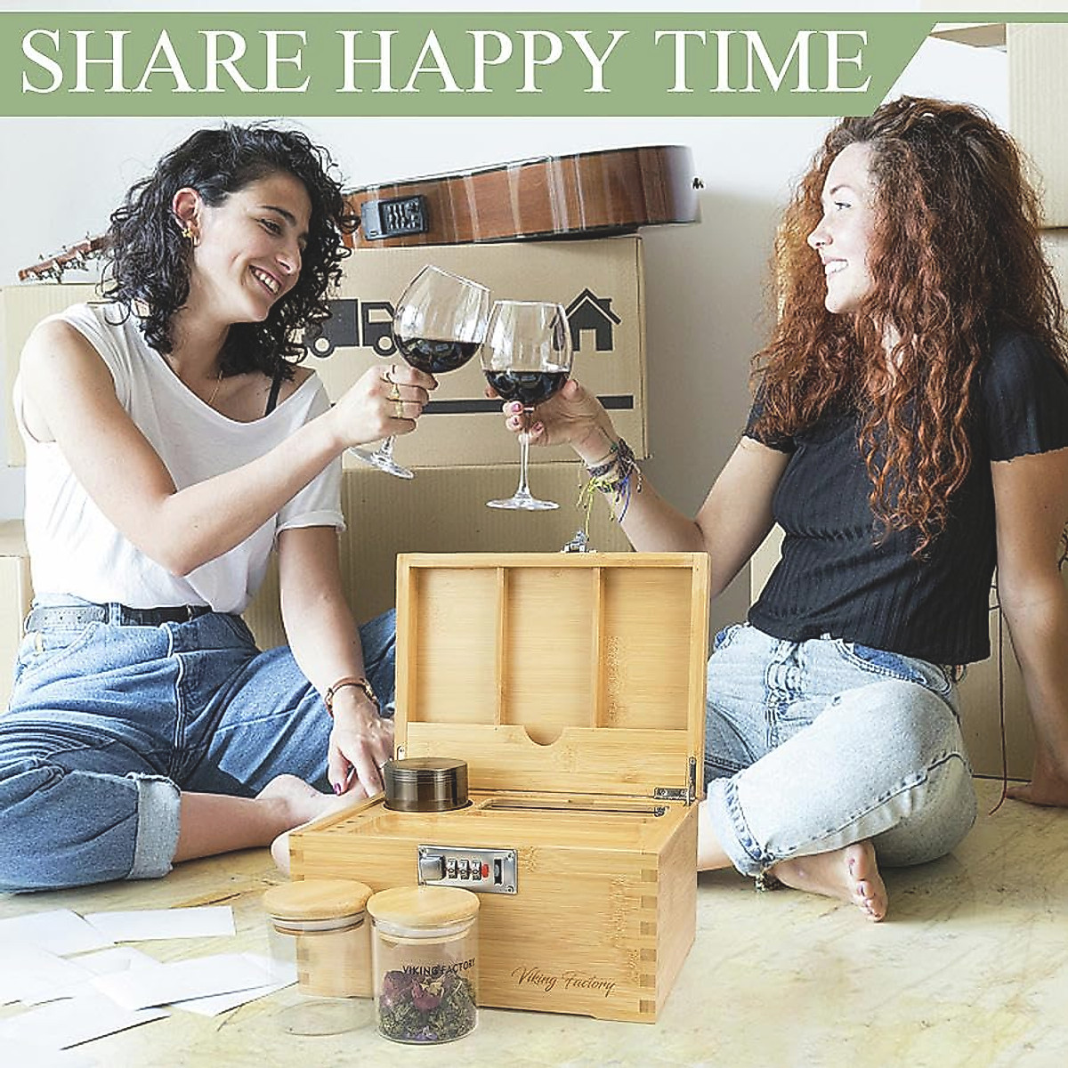 Viking Factory Large Bamboo Box with Combination Lock, Home Decorative Box Locking, Upgraded Tray | Glass Jars | Accessory Tool.(Bamboo)