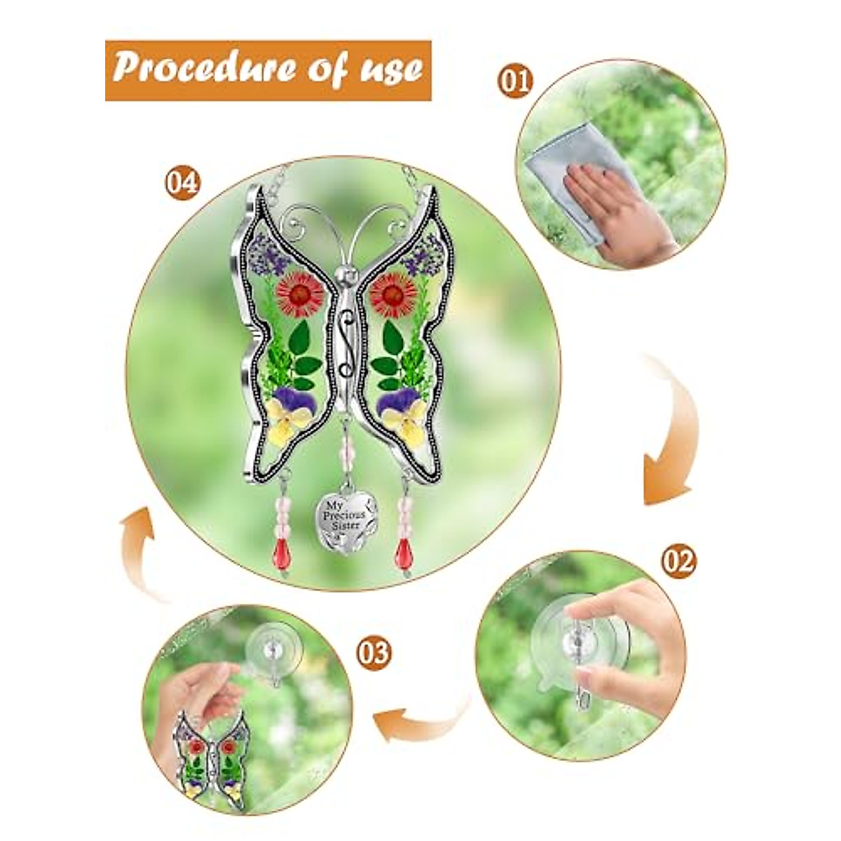 KY&BOSAM Butterfly Suncatcher Stained Glass Hangings for Windows My Precious Sister Sun Catcher Pressed Real Flower Wing in Glass Dream Catchers Birthday Mother`s Day Wind Chimes Charm