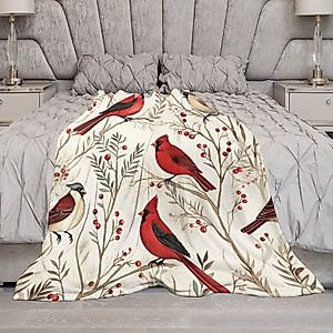 MaSiledy Red Birds Pine Cones Berry Winter Holiday Blanket Cardinal Red Birds Throw Blanket for Couch 60"x80" Throw Blankets Flannel Blanket Home Decor for Bed Couch Chair Living Room for Adults
