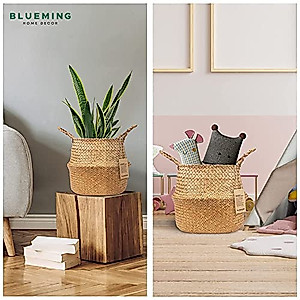 Blueming Home Decor Plant Baskets – Set of 2, Twin Pack Large Hand Woven Seagrass Rattan Belly Planter with Handles for Plant Pots, Home Decor, Organizer, Laundry (Original, 12 Inch x 10 Inch)