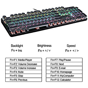 CPAROPAO Typewriter Mechanical Keyboard Blue Switch RGB Backlit Punk Round Keycap 104 Keys Retro Gaming Keyboard Wired (104keys Black(Round keycaps))