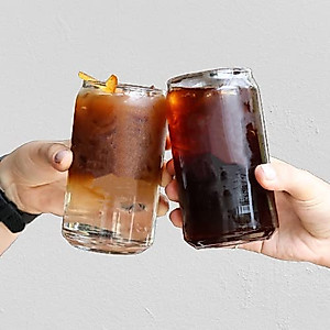 Can Shaped Drinking Glass With Bamboo Lids and Straw, 16 Oz, 4 pcs Set, Beer Can Shaped Glass Cups,Reusable Glass for Water, Wine, Juice, for Cocktail, Soda, Tea, Whiskey