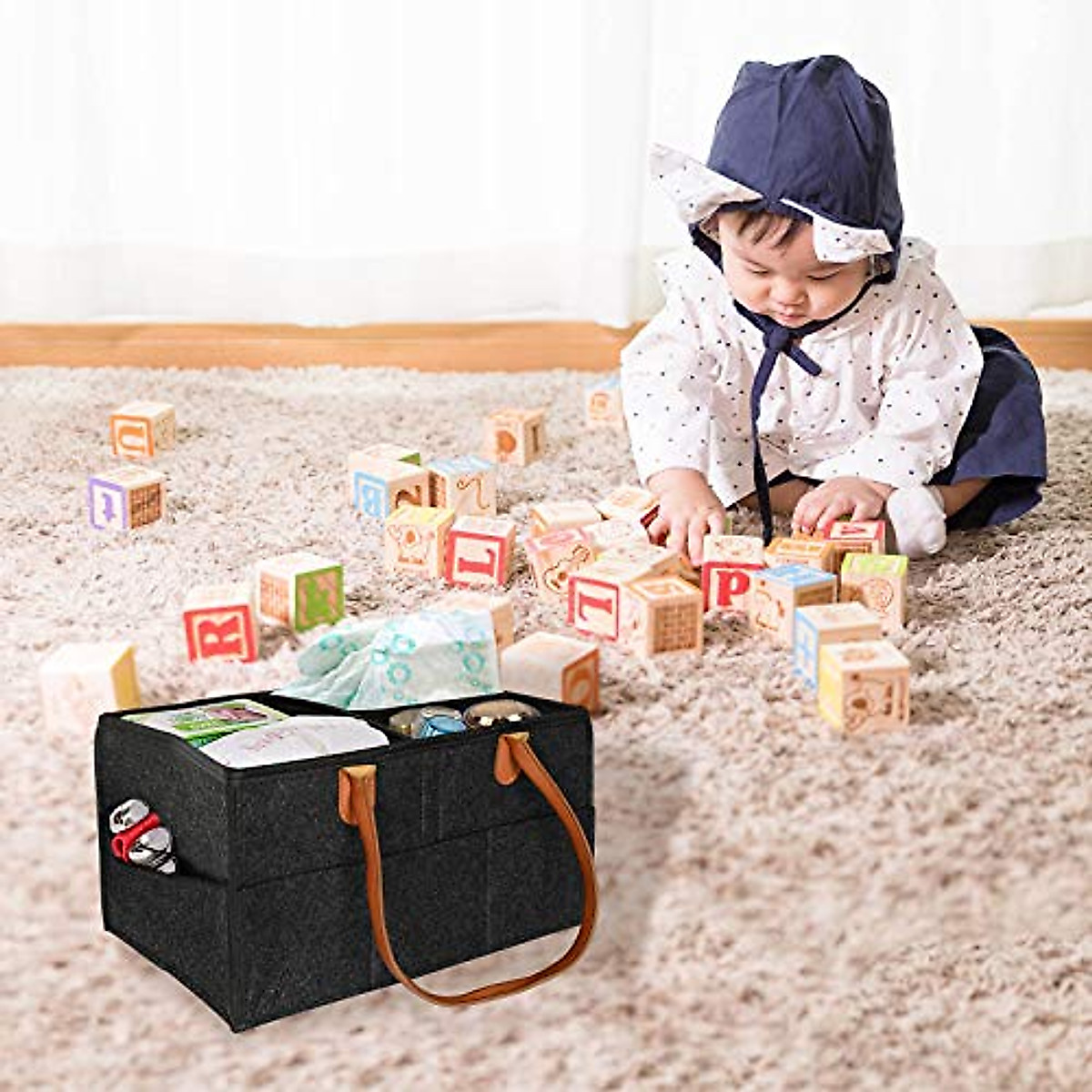 MorNon Baby Diaper Caddy Organizer Diaper Tote Portable Nursery Essentials Storage Basket Stain Resistant Large Baby Stuff Diaper Organizer Baby Gift for Newborn Boy and Girl, Dark Gray