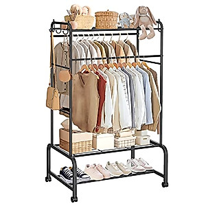 PouHenier.jh Clothing Racks on Wheels for Hanging Clothes with Coat Hook, Upgrade Heavy Duty Rolling Rack for Clothes Organizer, Freestanding Double Rod Metal Garment Rack with Shelves(Black)…