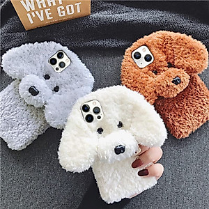 Losin Compatible with iPhone 13 Case Cute Plush Furry Dog Phone Case for Women Girls Girly 3D Cartoon Kawaii Case Soft TPU Shockproof Protective Cover White
