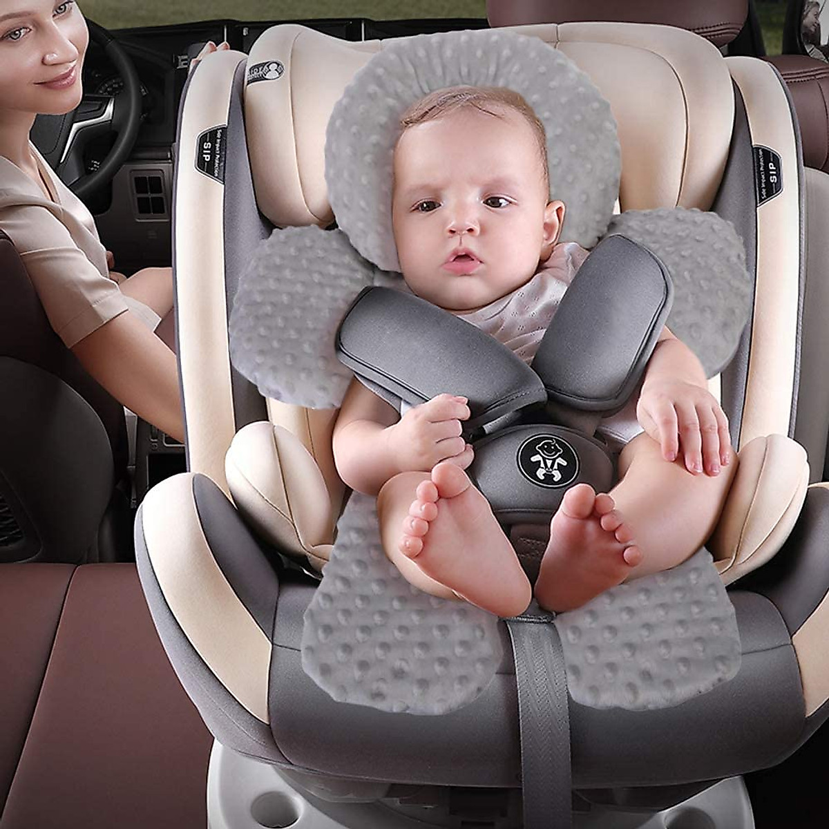 Pro Goleem Infant Car Seat Head Neck Body Support, Ultra-Soft Minky and Microfiber Newborn Car Seat Insert, Perfect for Car Seat, Stroller, 2-in-1 Reversible, for Boys and Girls, Gray