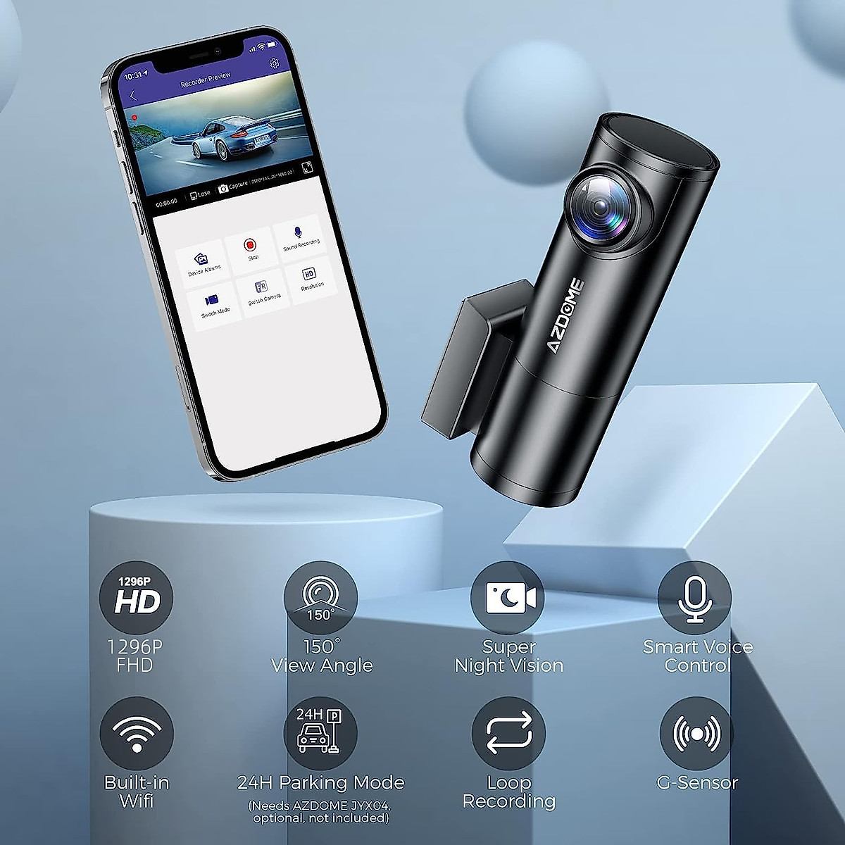 AZDOME M300 Dash Cam, Dashcam Front 1296P Camera with WiFi, Voice Control, 24H Parking Mode G-Sensor Loop Recording Super Night Vision, Easy to Install, Max Support to 128GB