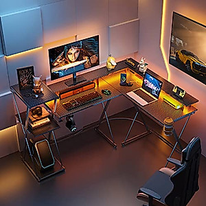 SEVEN WARRIOR L Shaped Gaming Desk with LED Lights & Power Outlets, 58” Reversible Computer Desk with Storage Shelf & Monitor Stand, Corner Desk with Cup Holder, with Headphone Hook, Black