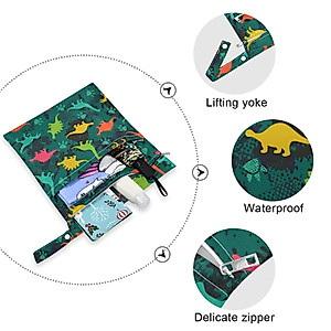Qilmy 2pcs Dinosaur Wet Dry Bag Waterproof Reusable Baby Cloth Diaper Wet Dry Organizer for Travel, Beach, Stroller, Diapers, Wet Swimsuits, Toiletries
