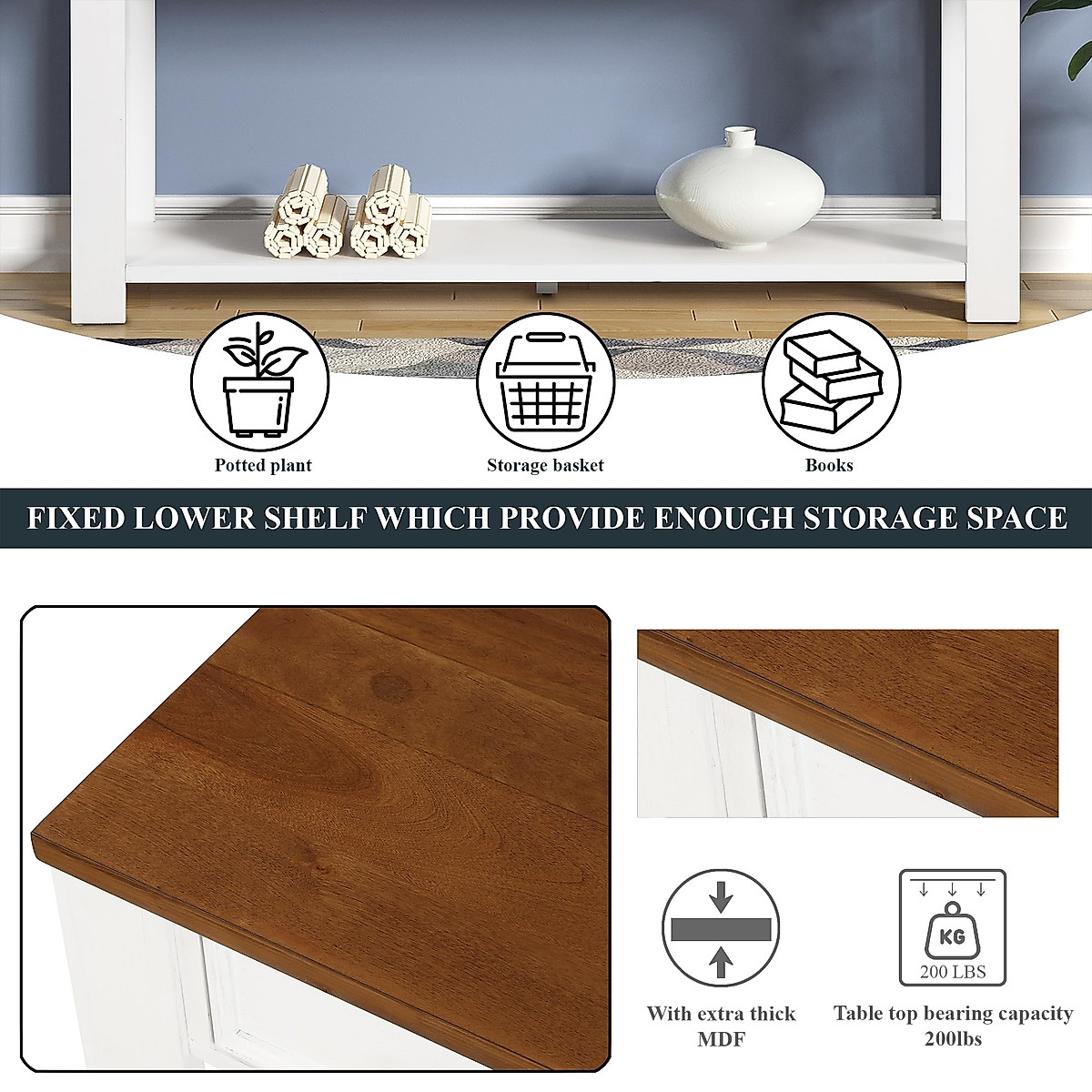 KLIECH 63" Pine Wood Console, Sofa 4 Drawers and 1 Bottom Shelf,Narrow Long Table for Living Room Entryway Hallway Bedroom,Antique White+ Brown Top