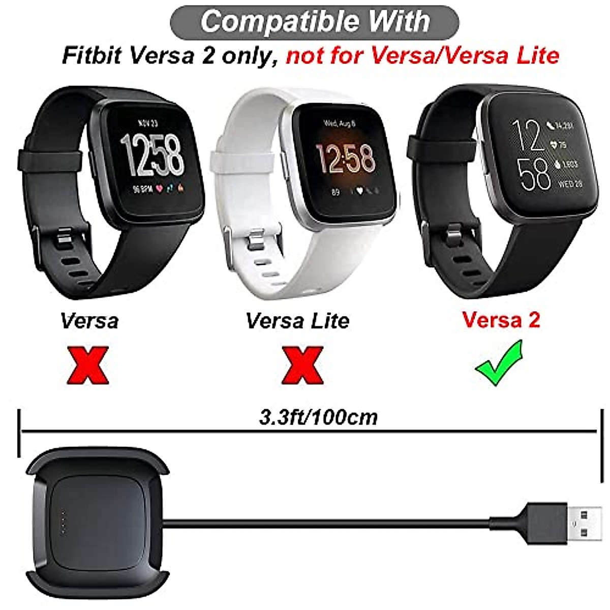 Emilydeals Charger for Fitbit Versa 2, Replacement Charging Cable Cord Dock Cradle for Fitbit Versa 2 Smart Watch [1m/3.3ft]