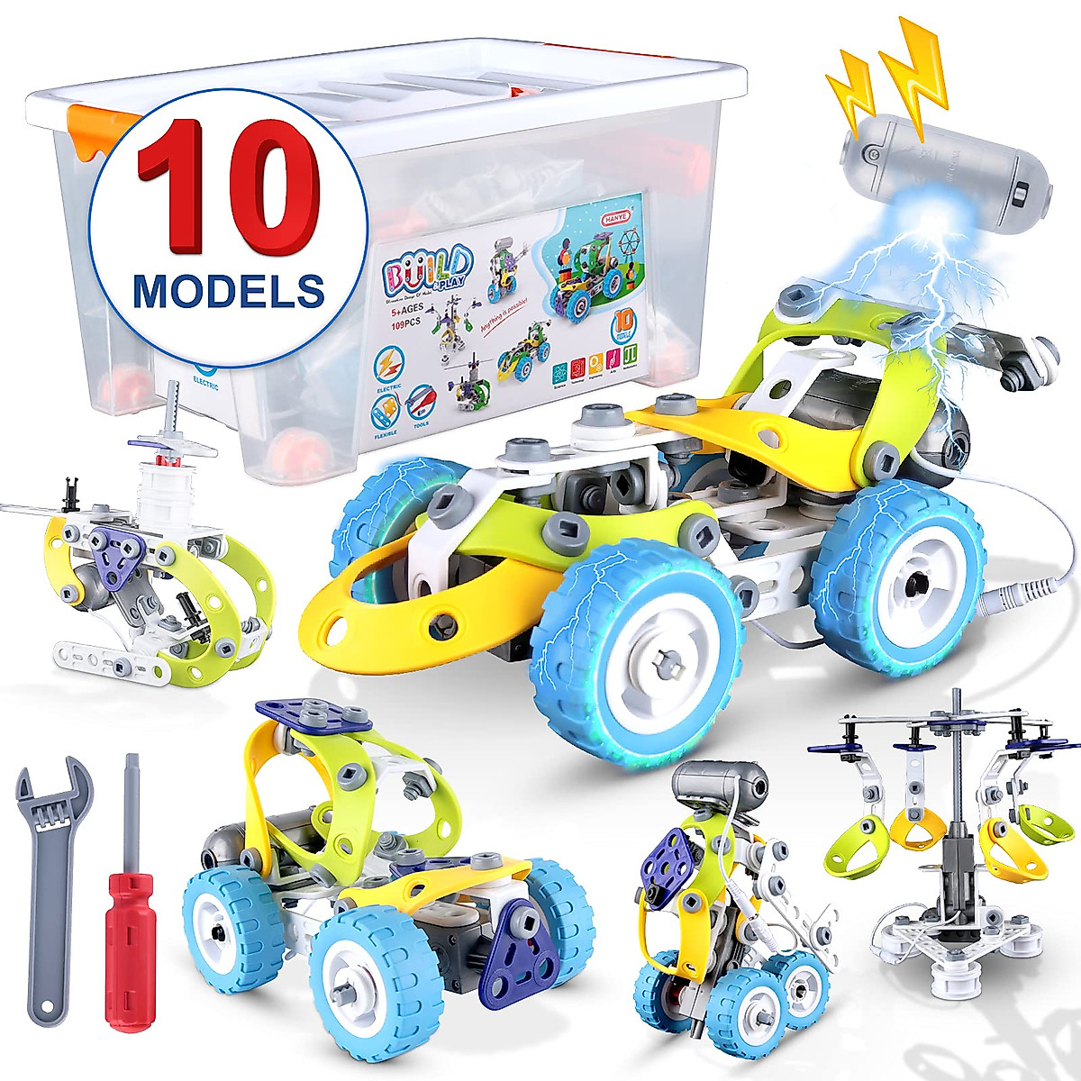 BRUVISH 10 in 1 Building Toy Set, STEAM Building Blocks with Electric Powered Motor for Children Boys Girls, Construction Toys with Tools for Kids Age 5 6 7 8 9 10 11 12, Engineering Building Bricks