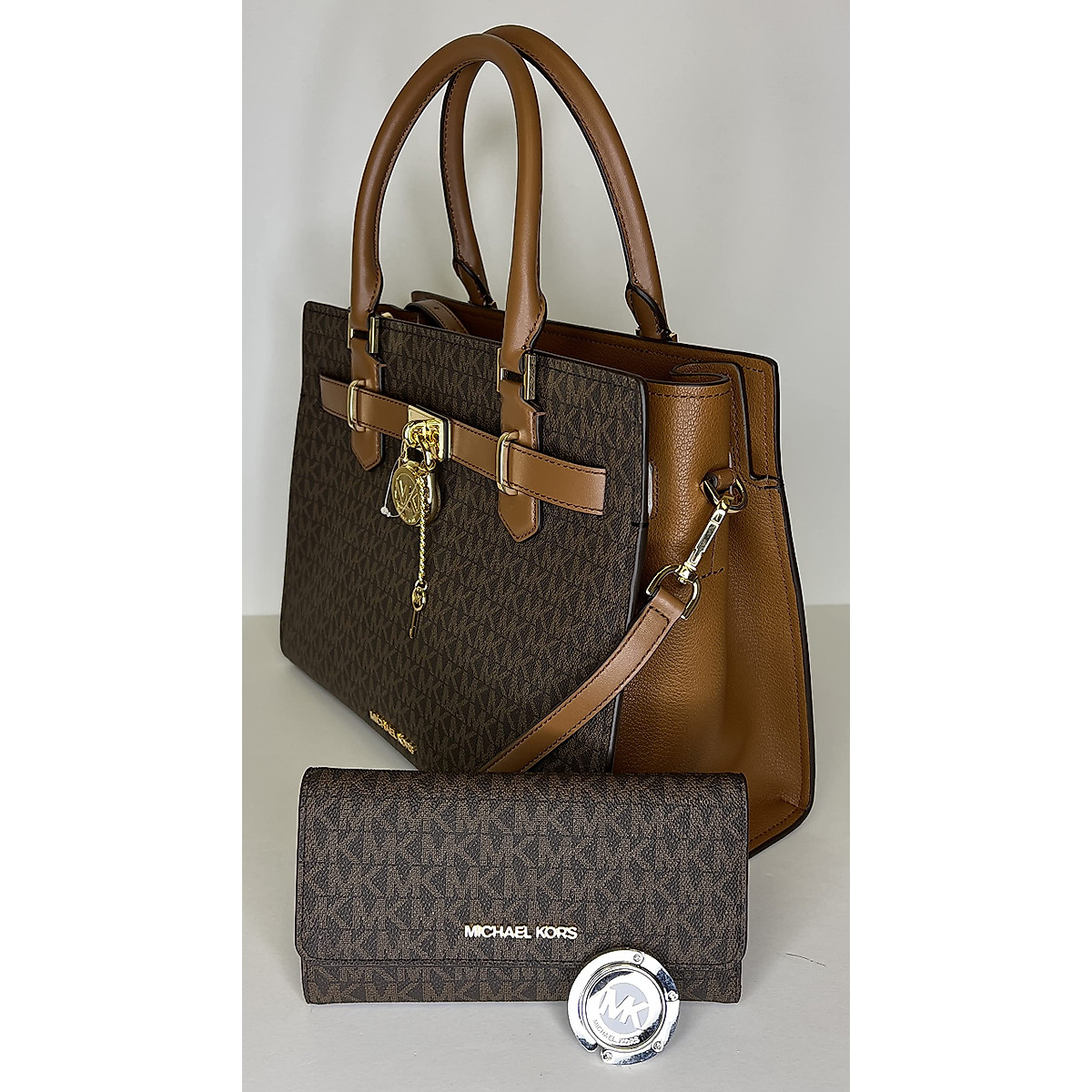 MICHAEL Michael Kors Hamilton MD Satchel bundled with Trifold Wallet and Purse Hook (Signature MK Brown)
