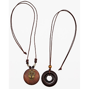 MZFJWY 2 PCS Handmade Long Wax Rope Wooden Pendant Necklace Jewelry Gift for Women Girls