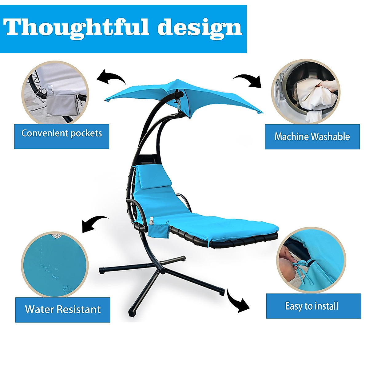 Outdoor Hanging Lounge Chair Replacement Cushion Cover and Umbrella Fabric, Made for Patio Curved Chaise Hammock Floating Swing Chair Pads, Waterproof Soft Fabric (Cushion Not Included, Blue)