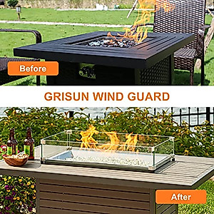 Grisun Fire Pit Glass Wind Guard - 31 x 12 x 6 inch, Thick Rectangular Heat-Resistant Tempered Glass Guard with Hard Aluminum Corner Bracket and Feet for Propane, Gas, Outdoor