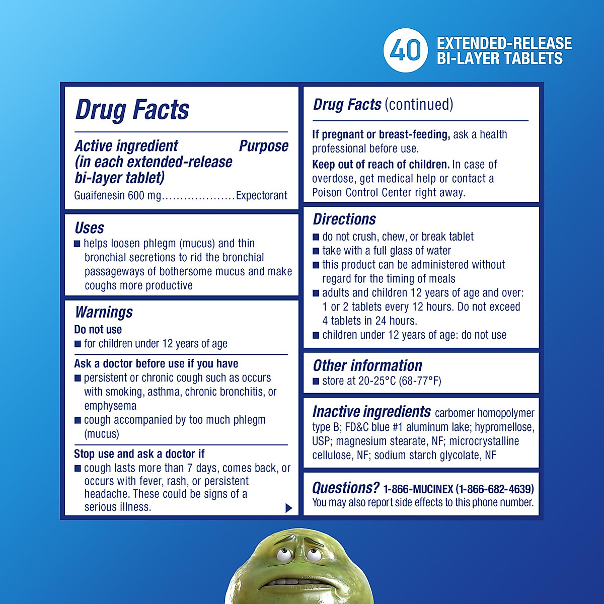 Mucinex 12 Hour 600 mg Guaifenesin Extended-Release Tablets for Excess Mucus Relief, Expectorant Aids Excess Mucus Removal, Chest Congestion Relief, 40 Bi-Layer Tablets