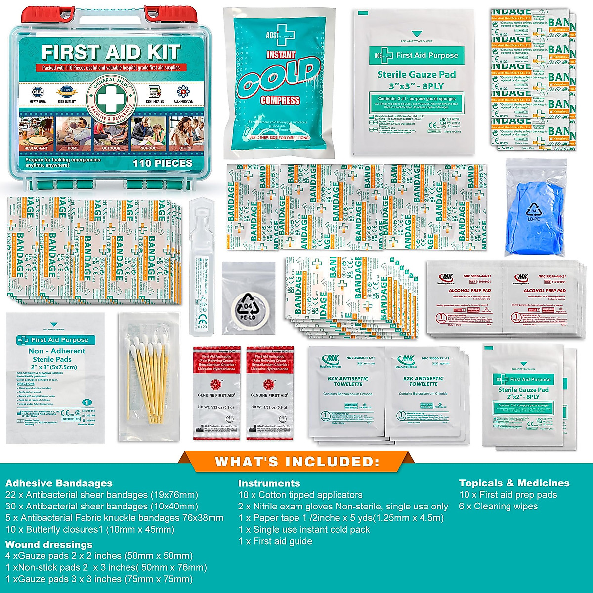 General Medi 110 Pieces Small First Aid Kit - HardCase First Aid Box - Contains Premium Medical Supplies for Travel, Home, Office, Vehicle, Camping, Workplace & Outdoor