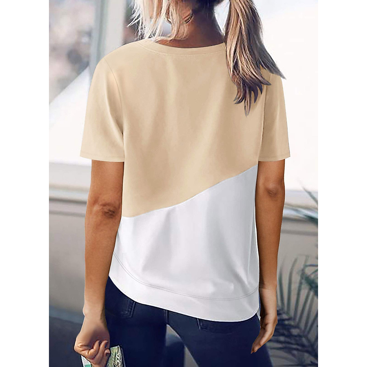 Biucly Women's Summer Casual Sexy Short Sleeve Crewneck Color Block Tee Loose Tops Tshirts for Womens 2025,US 12-14(L),Apricot,White