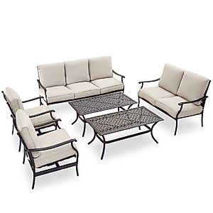 PatioFestival Patio Conversation Set 6 Pieces Metal Outdoor Furniture Seating Sets with Beige Thick Cushions, Rocking Chairs & Coffee Table & Loveseat
