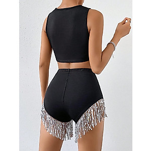 SweatyRocks Women's 2 Piece Party Outfits Sequins Fringe Trim Slim Fit Crop Tank Top and Shorts Set Black XL