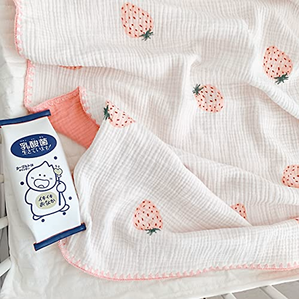 47x59 Extra Large 6 Layer 100% Organic Cotton Super Soft Warm Muslin Baby Swaddle Bed Blanket for Girls Infant Newborn Natural White Color Light Pink Strawberry Fruit Lovely Print Bedding Thick Winter
