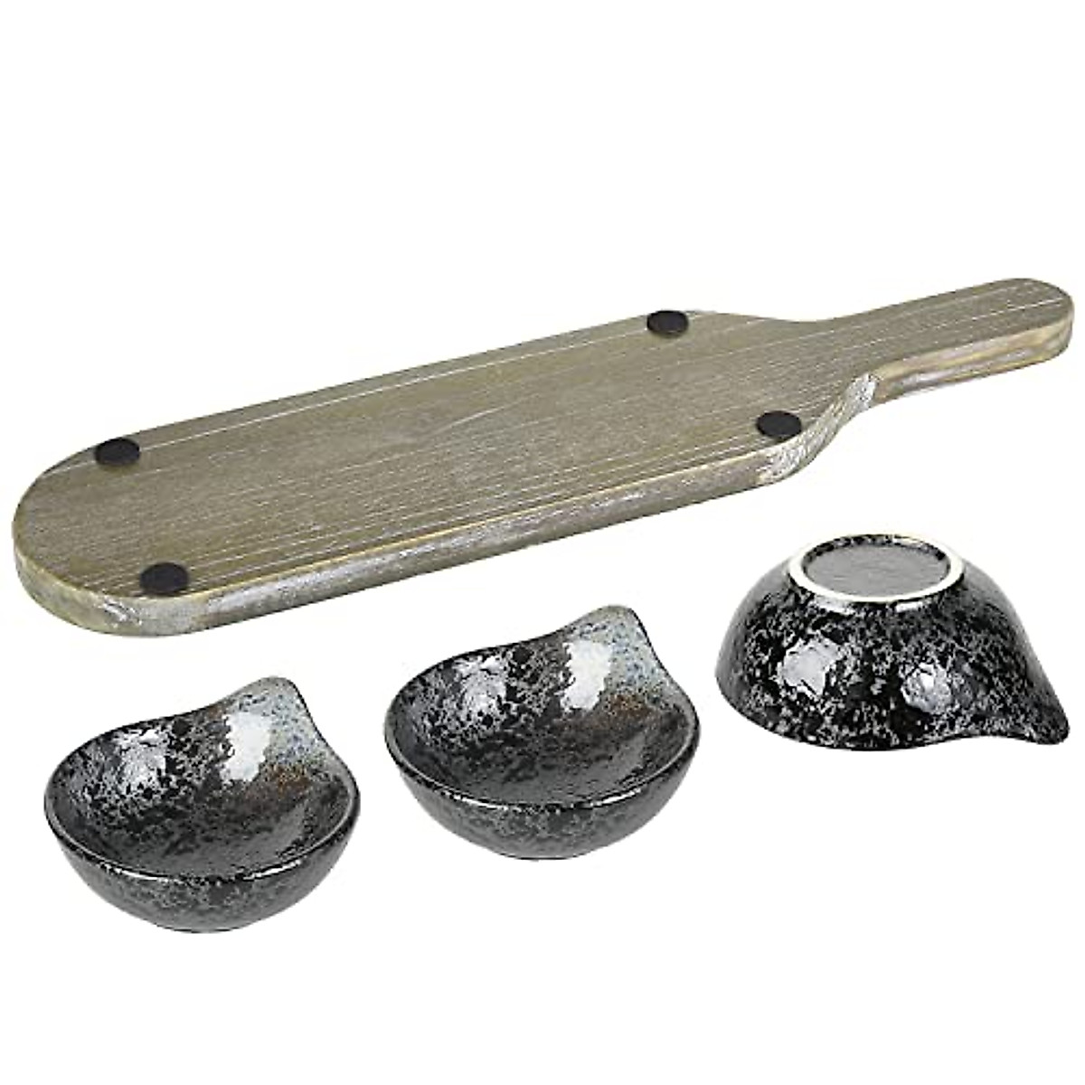 MyGift Rustic Brown Solid Wood Serving Tray and Ceramic Condiment Bowl Set Includes Speckled Black Dipping Sauce Bowls for Dips, Sauces, Toppings and Appetizers