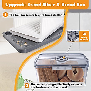 Bread Box&Bread Slicer, Bread Slicer for Homemade Bread, Large Bread Box Airtight with Lid, Time Recording Bread Container for Homemade Bread, Toast, Bagel, Donut and Cookies (Box:11.2"x7.5"x6.1"/8L)