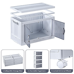 MOPUP 264 QT Stackable Storage Bins with Lids and Doors and Wheels - 4 Pack 16 GAL Plastic Storage Bins,White Closet Organizers and Storage,Dual Open Doors Collapsible Storage Bins for Home and Office