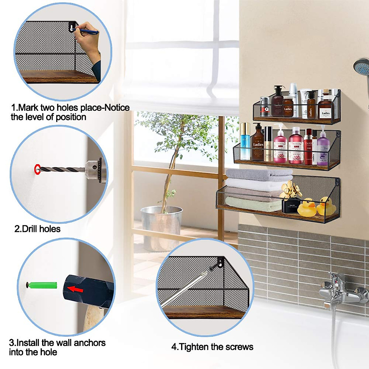 Schliersee Floating Shelves Wall Mounted Mesh Storage Shelf Set for Bathroom, Bedroom, Kitchen, Living Room, Office, Set of 3 Pack