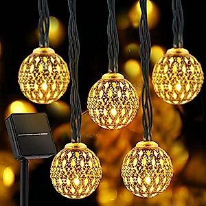 Solar Moroccan String Lights Outdoor Waterproof 35.6 Ft 60 LED, 8 Lighting Modes Globe Fairy Lights, Solar Powered String Lights for Garden Yard Gazebos Camping Party Holiday (Warm White)