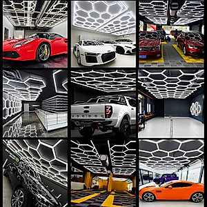LED Hexagon Garage Light,14Hexagon Honeycomb Lights 600W 66000 Lumens Hexagon Garage Light with T5 Tube Rectangle Aluminum Frame 6500K for Garage,Auto Beauty Shop,Car Detailing Shop