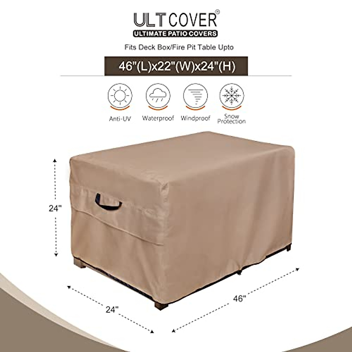 ULTCOVER Patio Deck Box Cover Waterproof for Outdoor Rectangular Resin Storage Box 60-86 Gallon, 46L x 22W x 24H inch