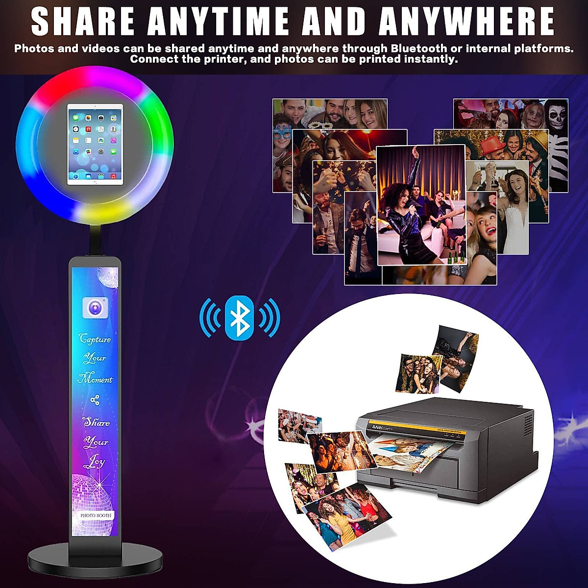 ZLPOWER Portable Photo Booth Shell Stand Stand for IPad 10.2" 10.9" 11" 12.9" Printer Stand Selfie Customized Logo Photobooth with Round RGB LED Light Ring and Flight Case for Events Christmas Wedding