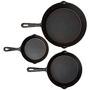 Jim Beam Su Set of 3 Pre-Seasoned Cast Iron Skillet Set | Heavy-Duty Construction for Superior Heat Retention & Even Cooking,6 1/4,7 3/4,9 3/4 , Black