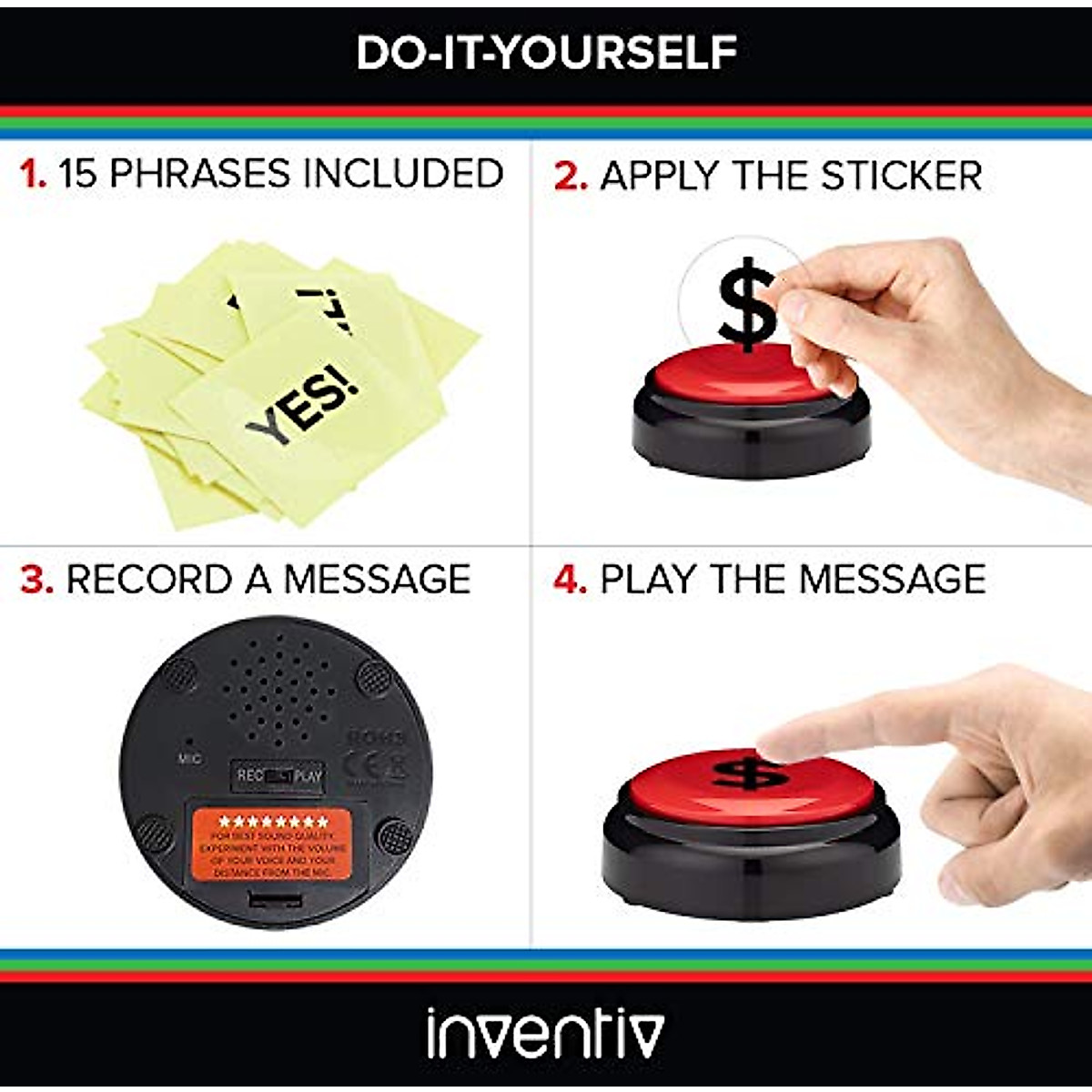Inventiv 30 Second Custom Recordable Talking Button, Record & Playback Your Own Message, Quality Voice Sound Recorder - 15 Phrase Stickers Included (Red)