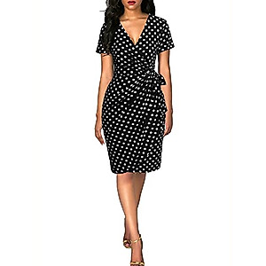 Lyrur Women's Vintage Polka Dot Black Wrap Dresses Knee Length Short Sleeves Sheath V Neck Casual Party Work Dress(L,9069-Black Dot)