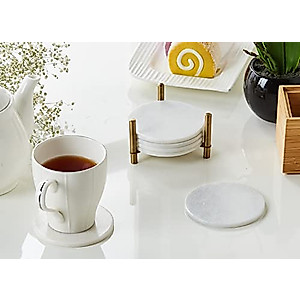 Queenza Marble Coasters for Drinks, Set of 6 Coasters with Holder, Pearl White Marble Coasters 3.5 Inch Wide 5 mm Thick Gold Coasters For Drinks, Both Side Polish For Scratch Free Surface Coaster Set