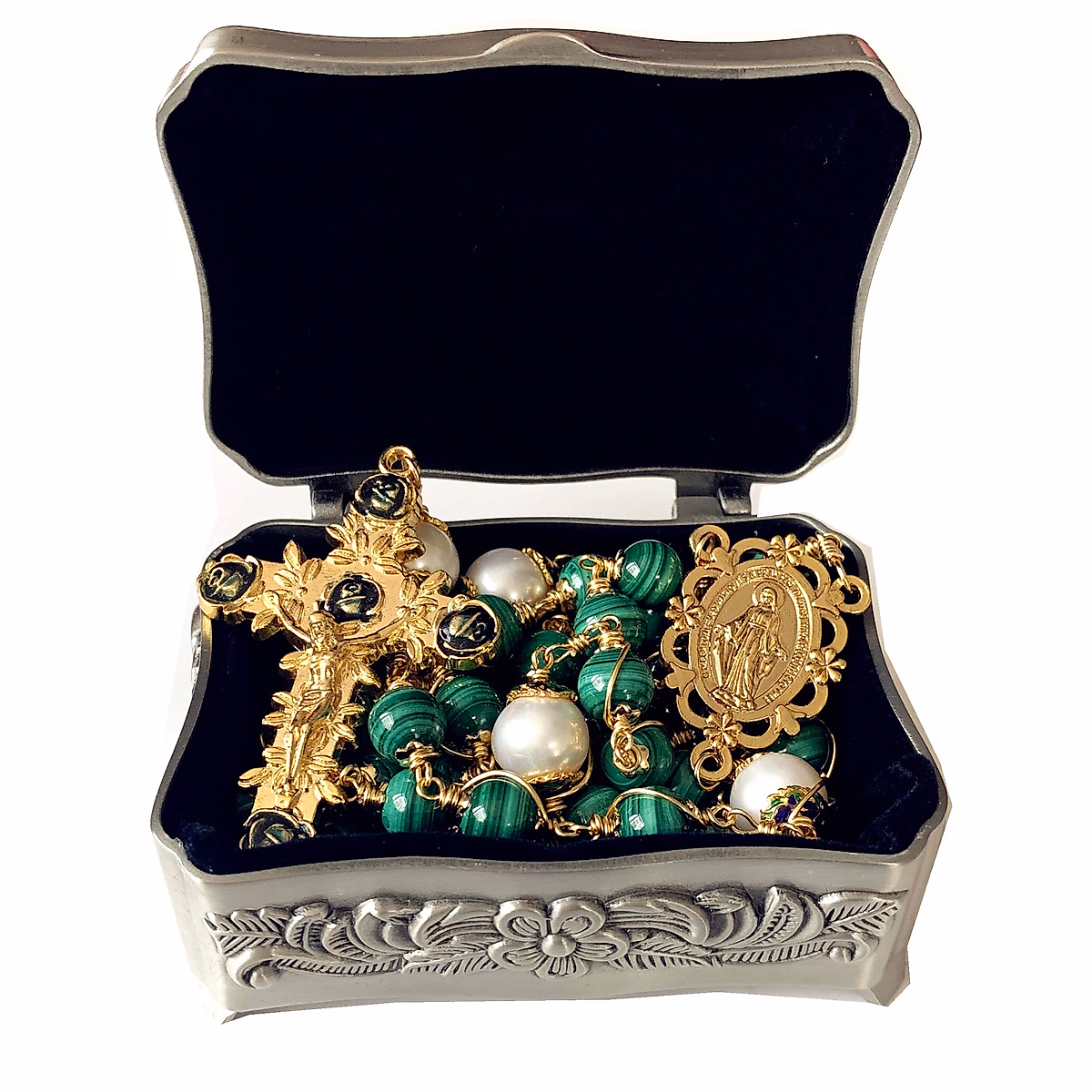 elegantmedical Handmade Gold Wire Wrapped UNDOUBTED Malachite &11-12mm Real Pearl Beads Rosary Cross/Crucifix Necklace Box Catholic Womens Gift