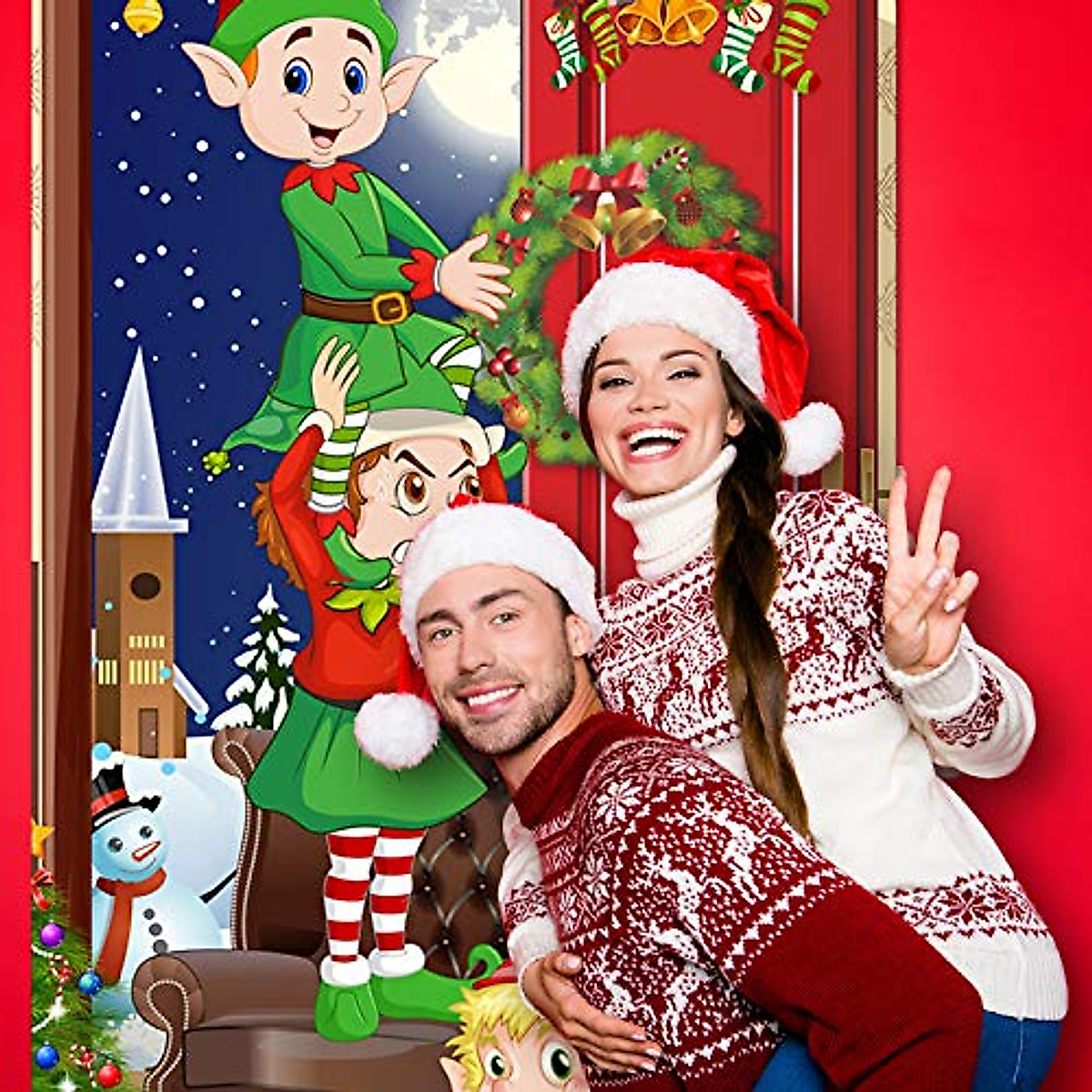 Christmas Door Cover, Funny Elves Door Backdrop Fabric Santa Backdrop Christmas Background Banner Xmas Door Hanging Covers Photo Booth Props for Christmas Party Decorations, 70.9 x 35.4 Inch