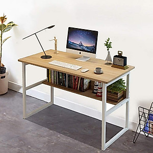 Computer Desk with Bookshelf, 44in Wood Office Writing Desk with Storage Shelves Modern Laptop Table Study Table Workstation for Home Office Furniture US Stock (Oak Color)