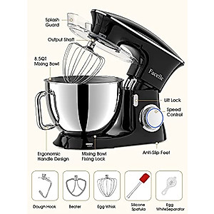 Facelle Stand Mixer, 8.5 Quart Electric Mixer, 660W 6-Speed Tilt-Head Kitchen Electric Food Mixer with Beater, Dough Hook and Wire Whip, Black