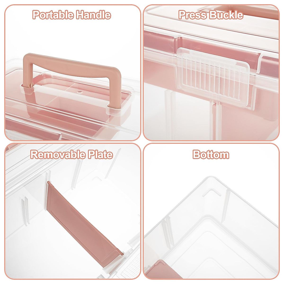 2 Pack Small Portable Plastic Storage Box for Beauty Ornaments Hair Nail Accessories, 2 Layer Cosmetic Case with Handle & Removable Tray & a Divider, Sewing Box Organizer, Art Box (Clear & Pink)