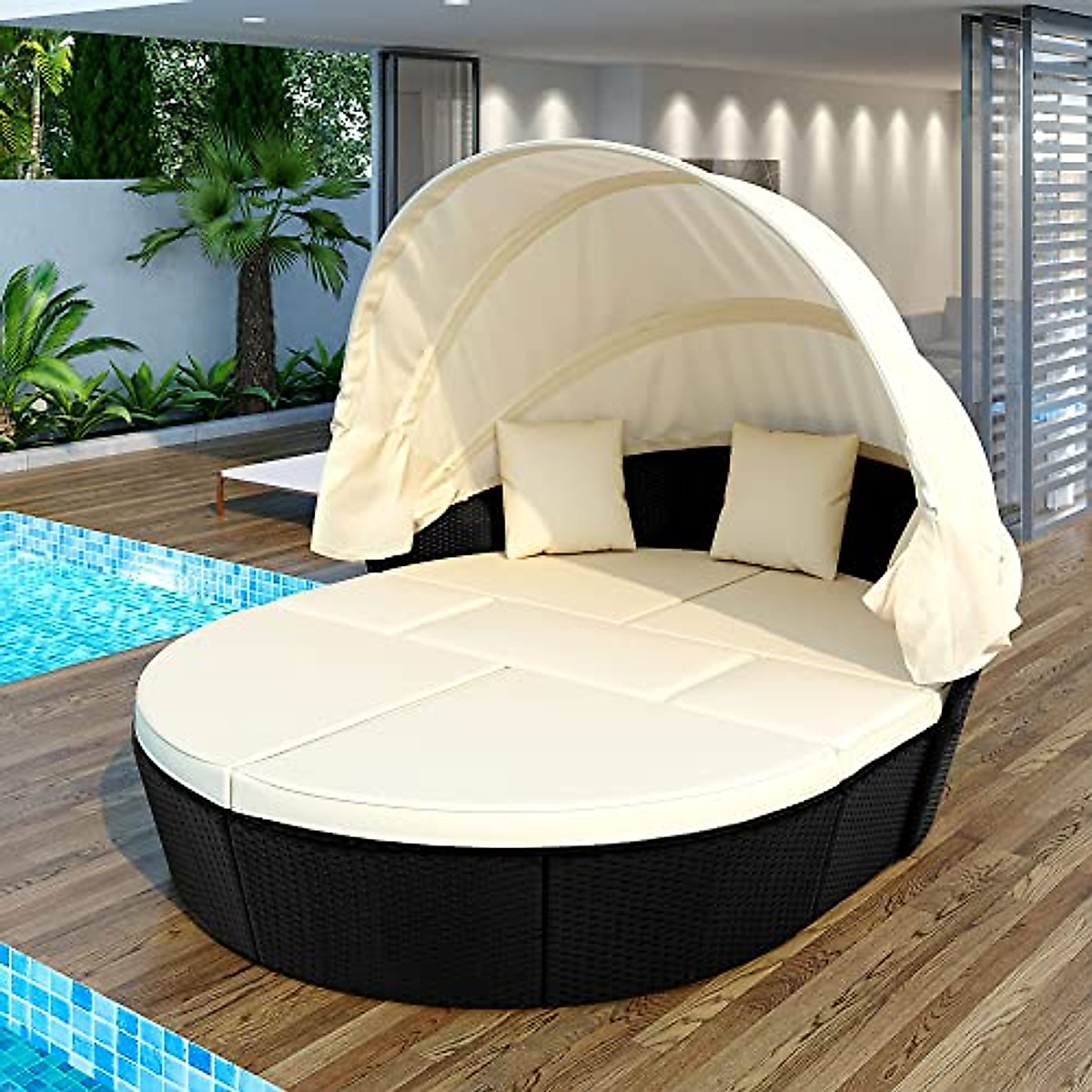 Merax Outdoor Patio Round Daybed Furniture with Retractable Canopy and Coffee Table, Wicker Rattan Sofa Set Waterproof Cushions Backyard Lawn Garden Pool Porch (Beige+Black, 6 Piece)