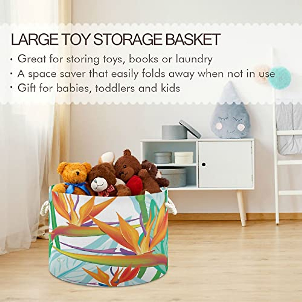 Kigai Cotton Rope Basket Birds Of Paradise Flower Collapsible Baby Laundry Basket with handles Blanket Basket Kids Toy Storage Basket for Shelf Organizer Home Decor