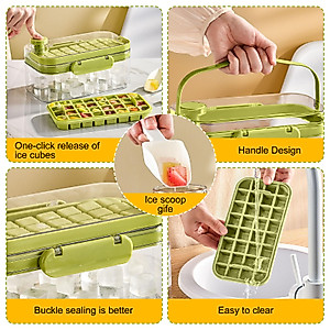 Kamsyluci Ice Cube Tray With Lid And Bin, Ice Cube Trays For Freezer, 64pcs Ice Lattice Molds Ice Container Maker For Freezer Box With Easy Release, Ez Ice Tray And Ice Scoop (Green)