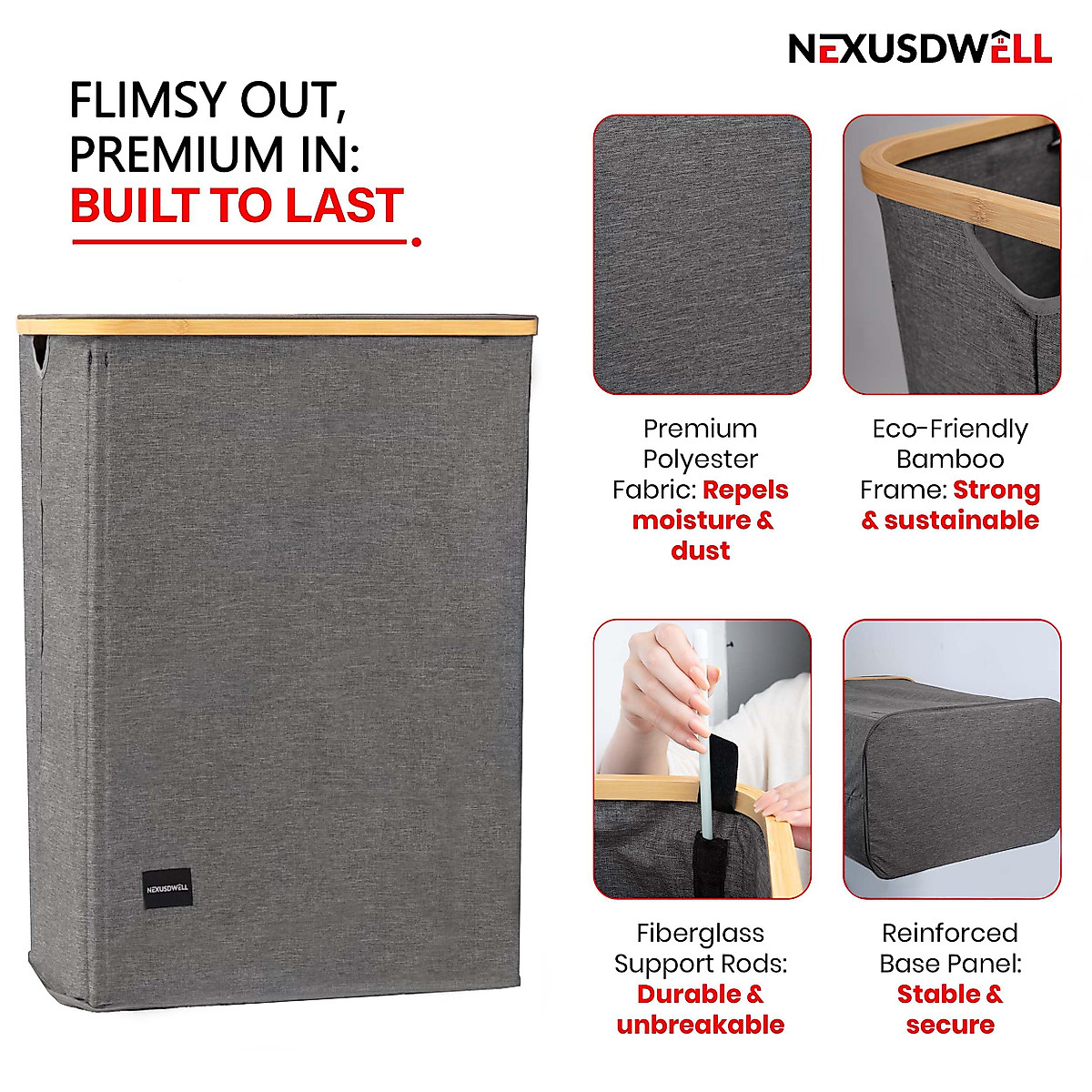 Nexusdwell 150L Large Laundry Hamper 2 Section with Removable Bags & Bamboo Handles- Sturdy Double laundry Basket with Lid and Divider- Grey Dual Laundry Hampers for Bedroom-Double Hamper