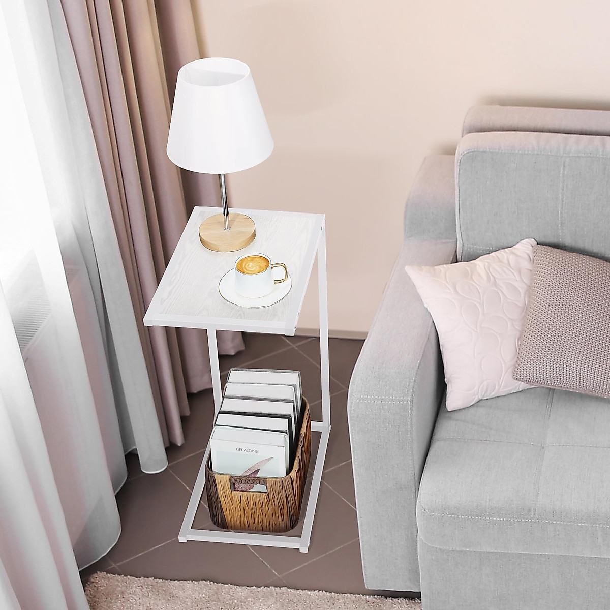 Set of 2 C Shaped End Table, Couch Tables That Slide Under, C Shaped Sofa Table for Couch, C Tray Snack Side Table for Living Room, Bedroom,Sofa, White