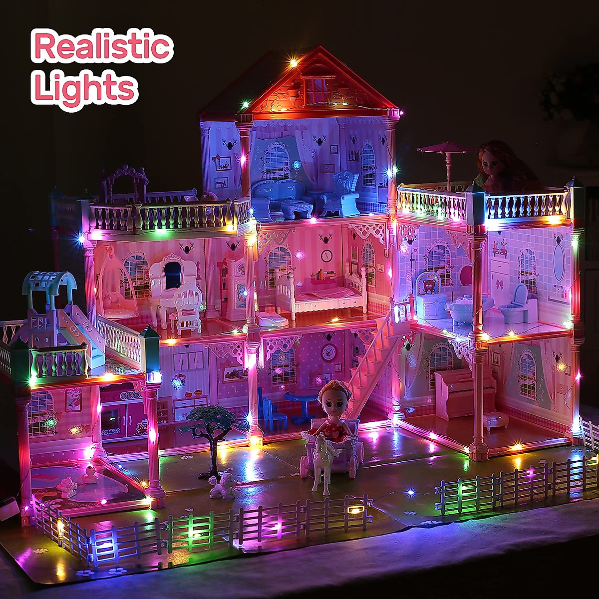 CUTE STONE Dollhouse, Doll House with Flashing Lights, Pretend Play Toddler Dollhouse Sets with 2 Dolls, Furniture, 8 Rooms and Doll Accessories, Creative Gift for Girls, L32 xH23