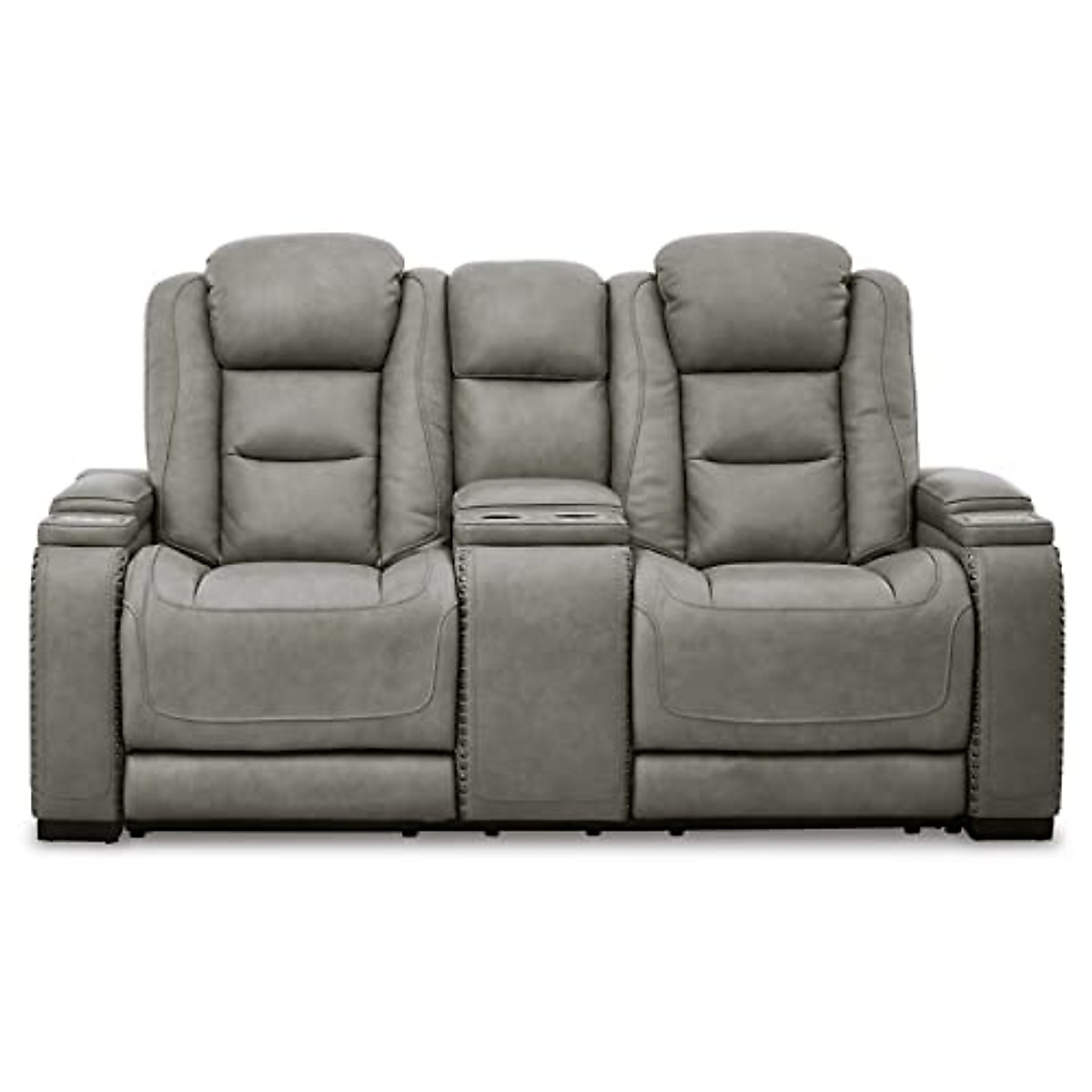 Signature Design by Ashley The Man-Den Leather Power Reclining Loveseat with Center Console, Adjustable Headrest & Wireless Charging, Gray